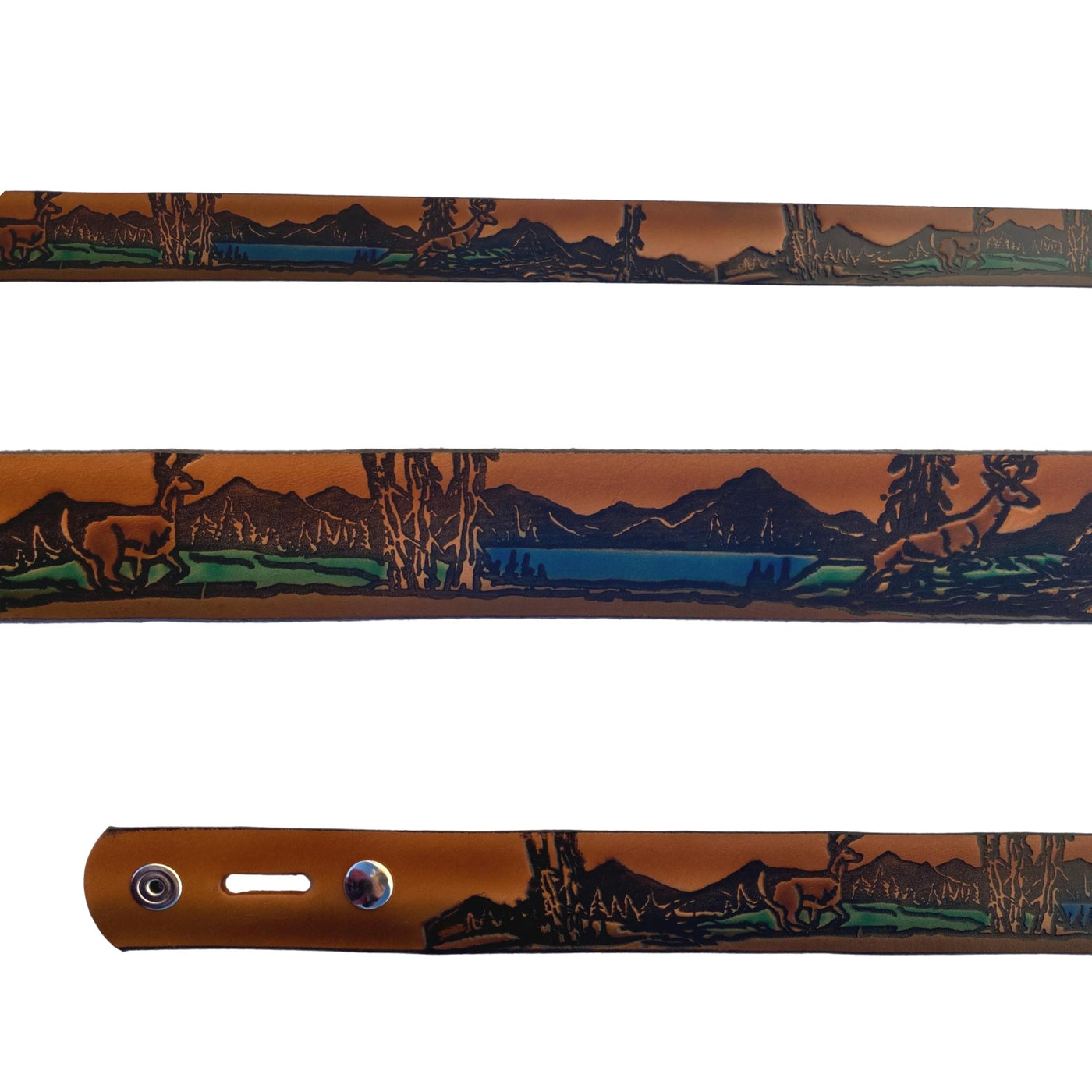 Deer Themed Deeply Embossed Dyed Leather Belt - 42" to 54" — Leather ...
