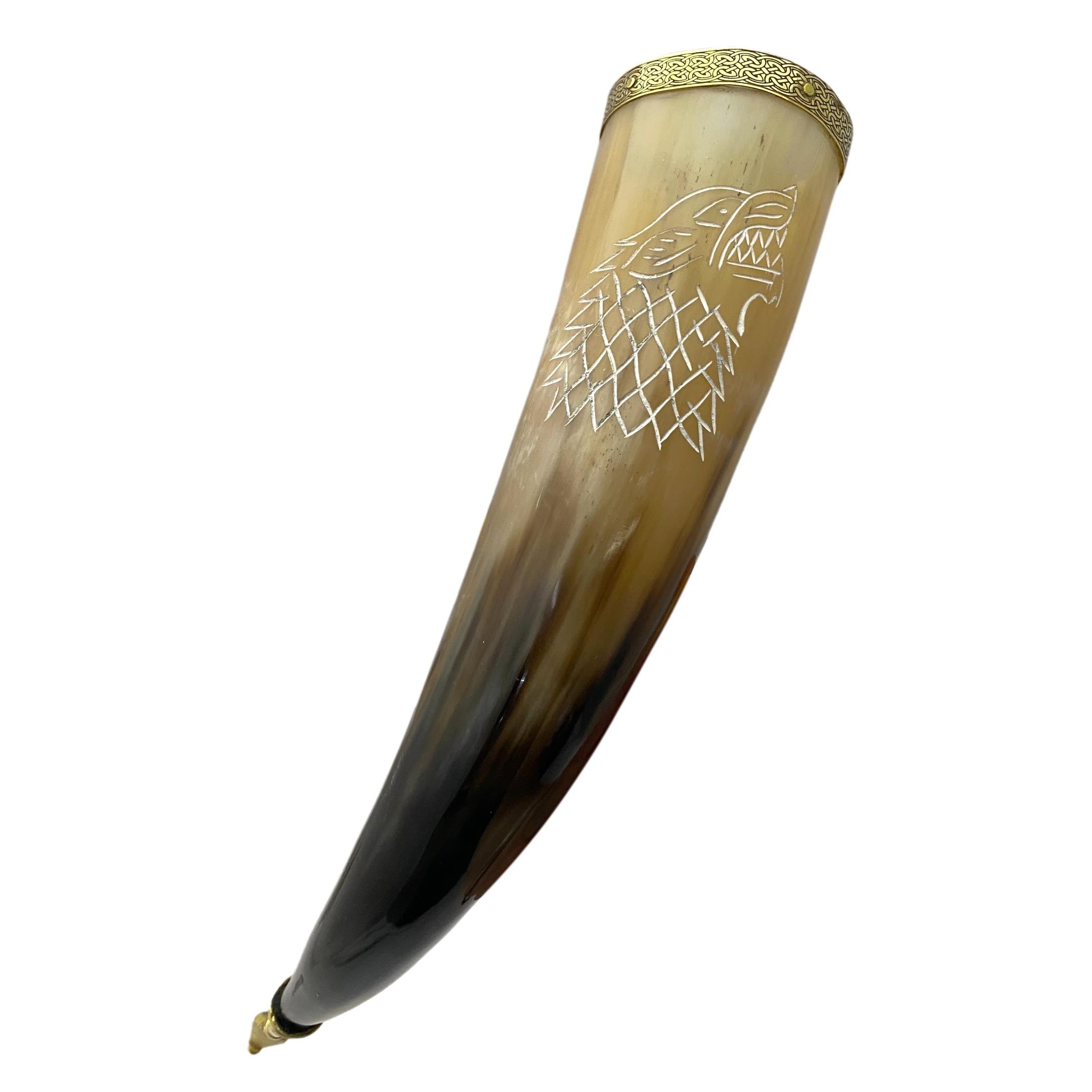 12-14 inch Fenrir Horn - Buffalo Horn with Engraved Wolf and Brass Acc ...